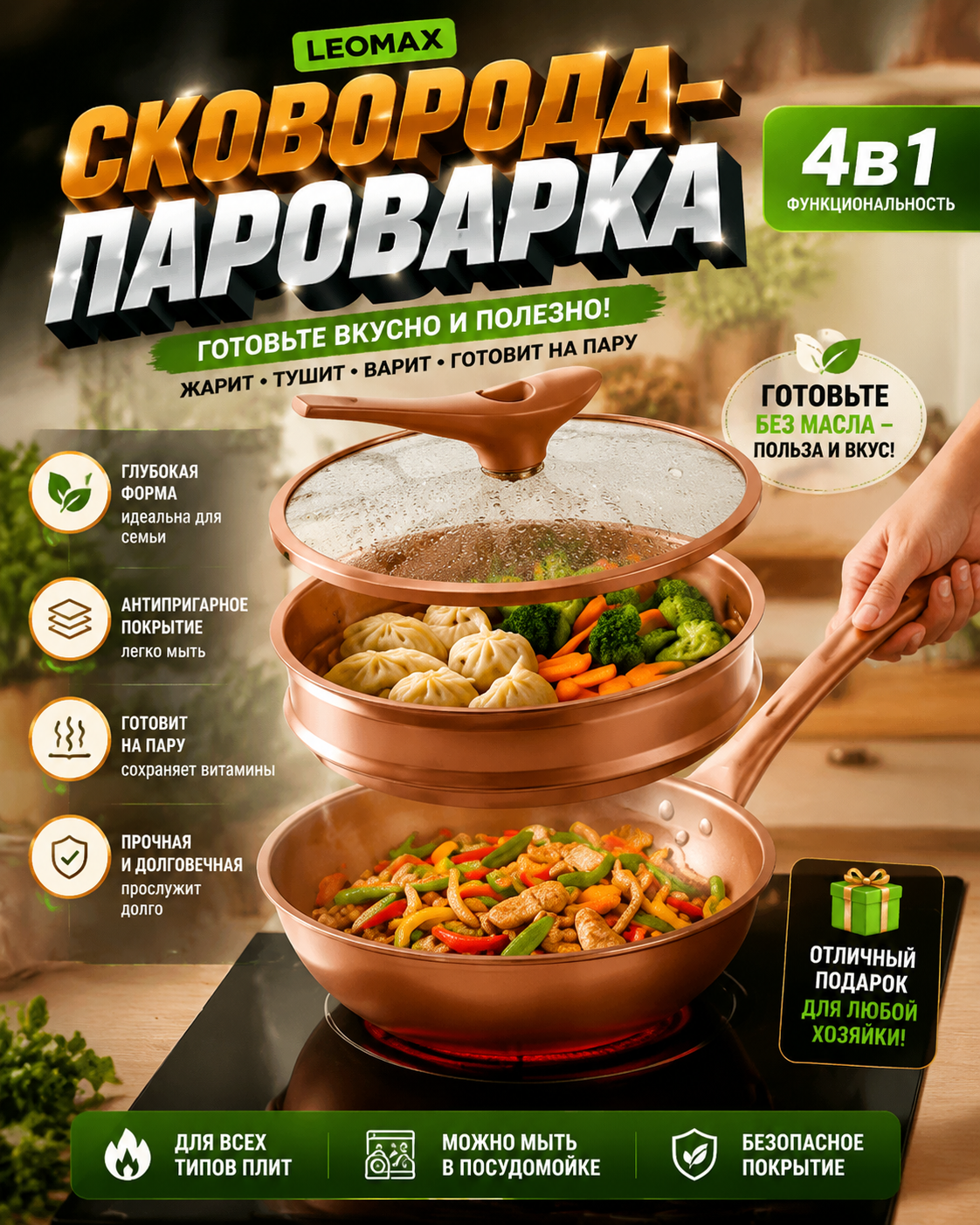Мультисковорода-пароварка от Леомакс, 4л, антипригарное покрытие, бронзовая, 32см