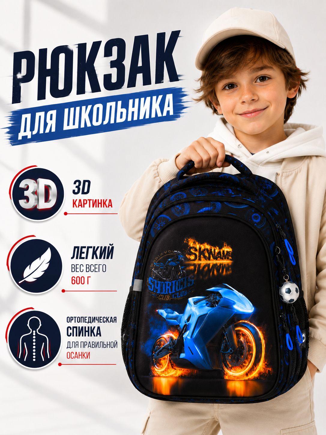 Рюкзак школьный 17 л для мальчика начальной школы, с анатомической спинкой для первоклассника, + брелок, SkyName
