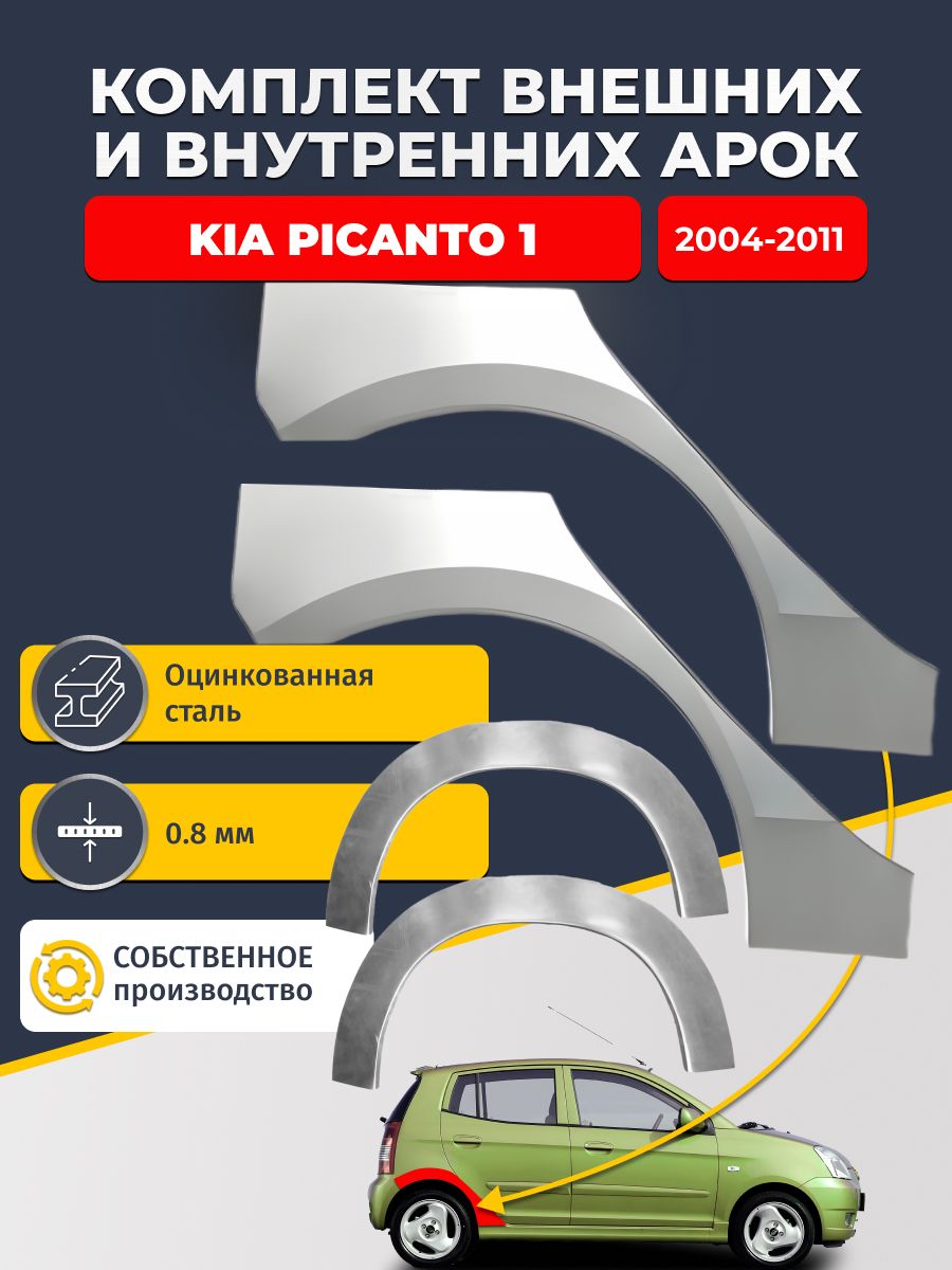 Комплект задних ремонтных внешних и внутренних арок для автомобиля (4 шт.), Kia Picanto 1 2004-2011 (Киа Пиканто 1). Оцинкованная сталь 0,8 мм.