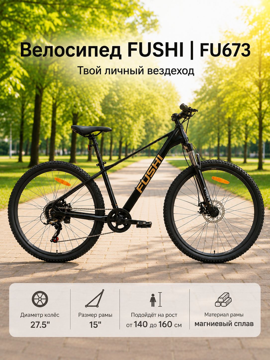 Горный велосипед BREND FUHSI ORIGINAL FU673, диаметр колес 27,5", 8 скоростей, рама магниевый сплав, черный