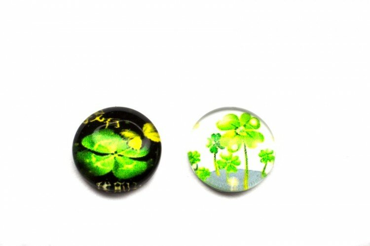 Кабошон стеклянный круглый с принтом Клевер 12х4мм, цвет разноцветный, 2030-005, 4шт