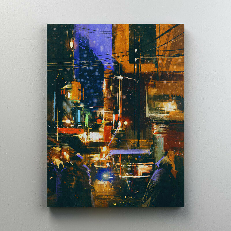 Интерьерная картина на холсте "Улицы ночного города зимой" размер 22x30 см