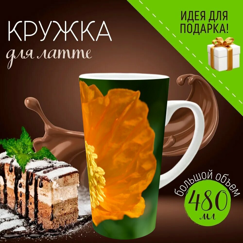 Кружка латте керамическая большая для чая и кофе с прикольным принтом "Мак, апельсин, цветок" 500 мл.