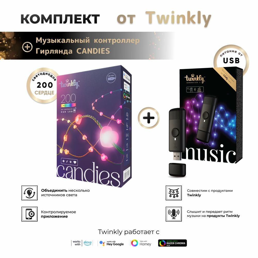 Умная гирлянда Twinkly Candies Hearts RGB, в форме сердца, 200 диодов, зеленый провод, BT+WiFi, IP20+ Twinkly Music Dongle (TMD01USB)