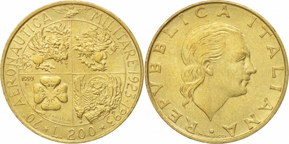 Италия 200 лир, 1993 70 лет военной авиации UNC