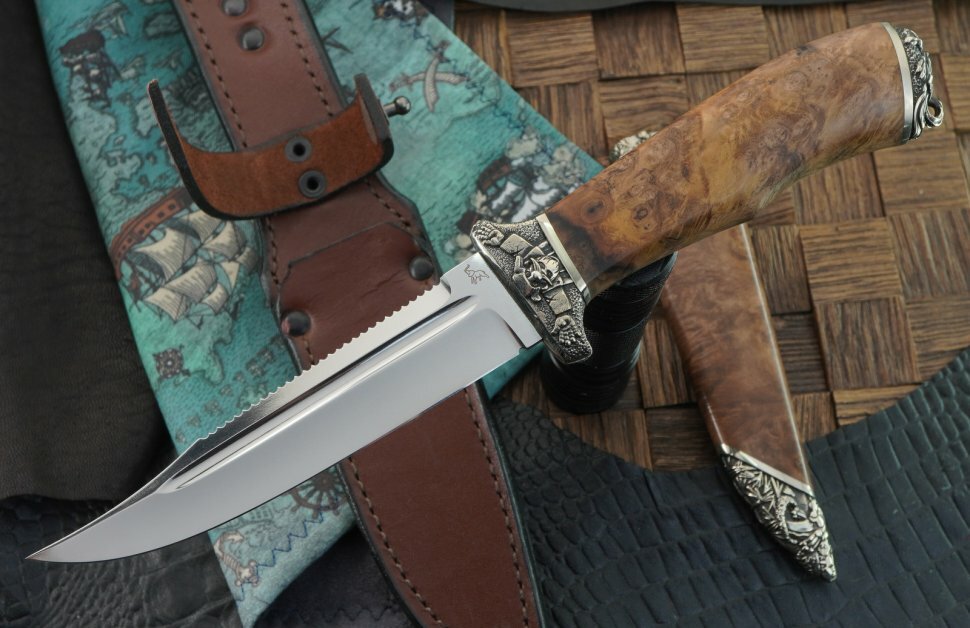 Подарочный нож Слон&Ко С7 На рыбалку, сталь Cor-X, рукоять стабилизированный кап ореха