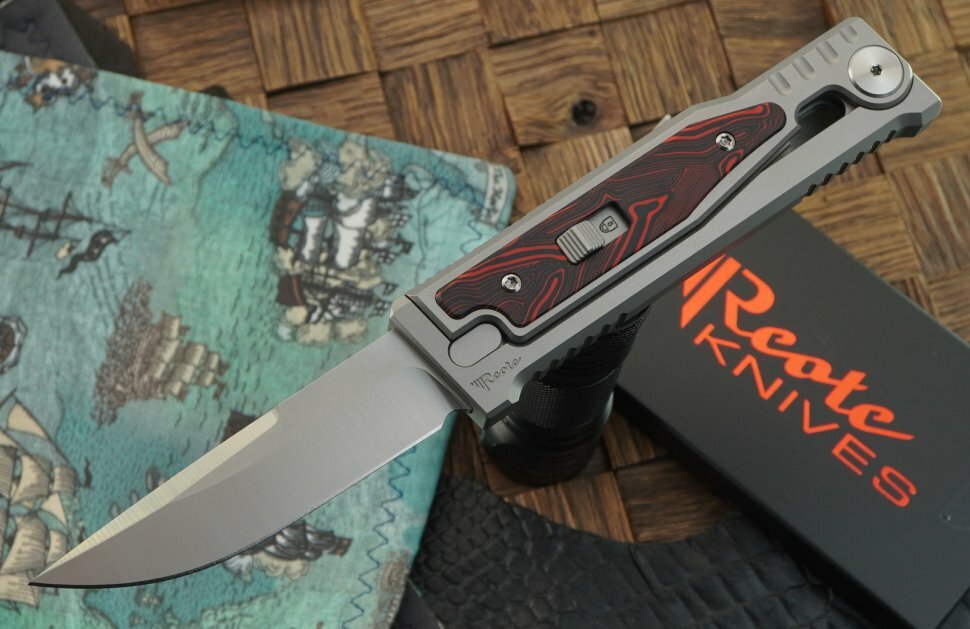 Складной нож Reate Knives Exo-M, сталь Elmax, сатин, рукоять титан/черно-красный джимаскус