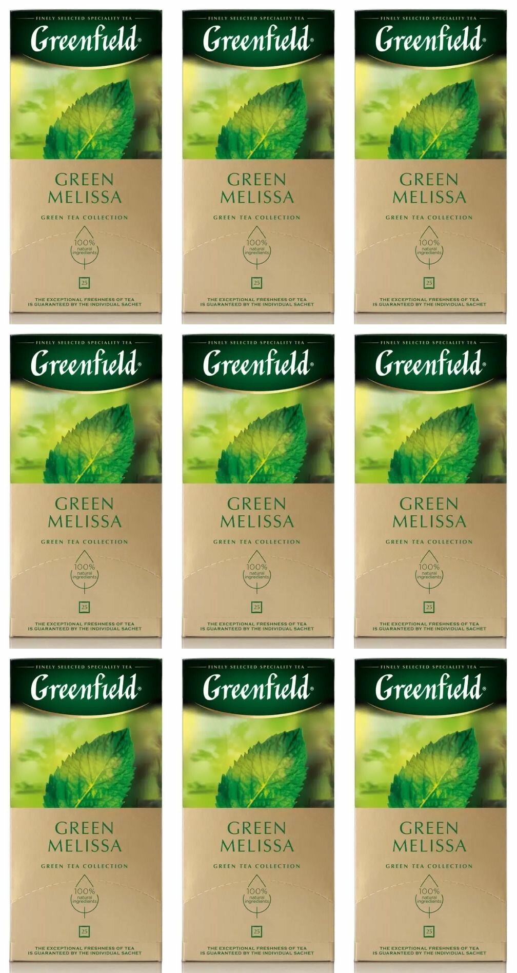 Greenfield Чай зеленый Green Melissa, с мятой и мелиссой, 25 пакетиков, 9 уп