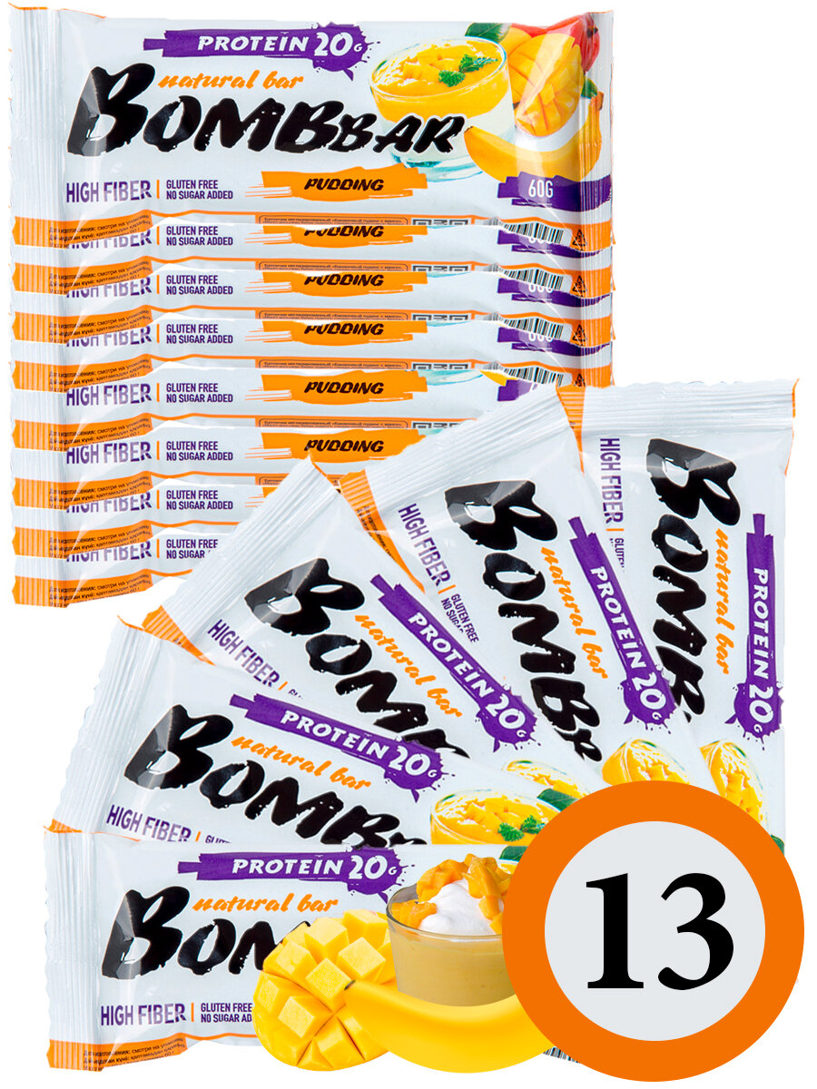 Протеиновый батончик BombBar Protein Bar 13 x 60 г, Пудинг с ароматом манго и банана