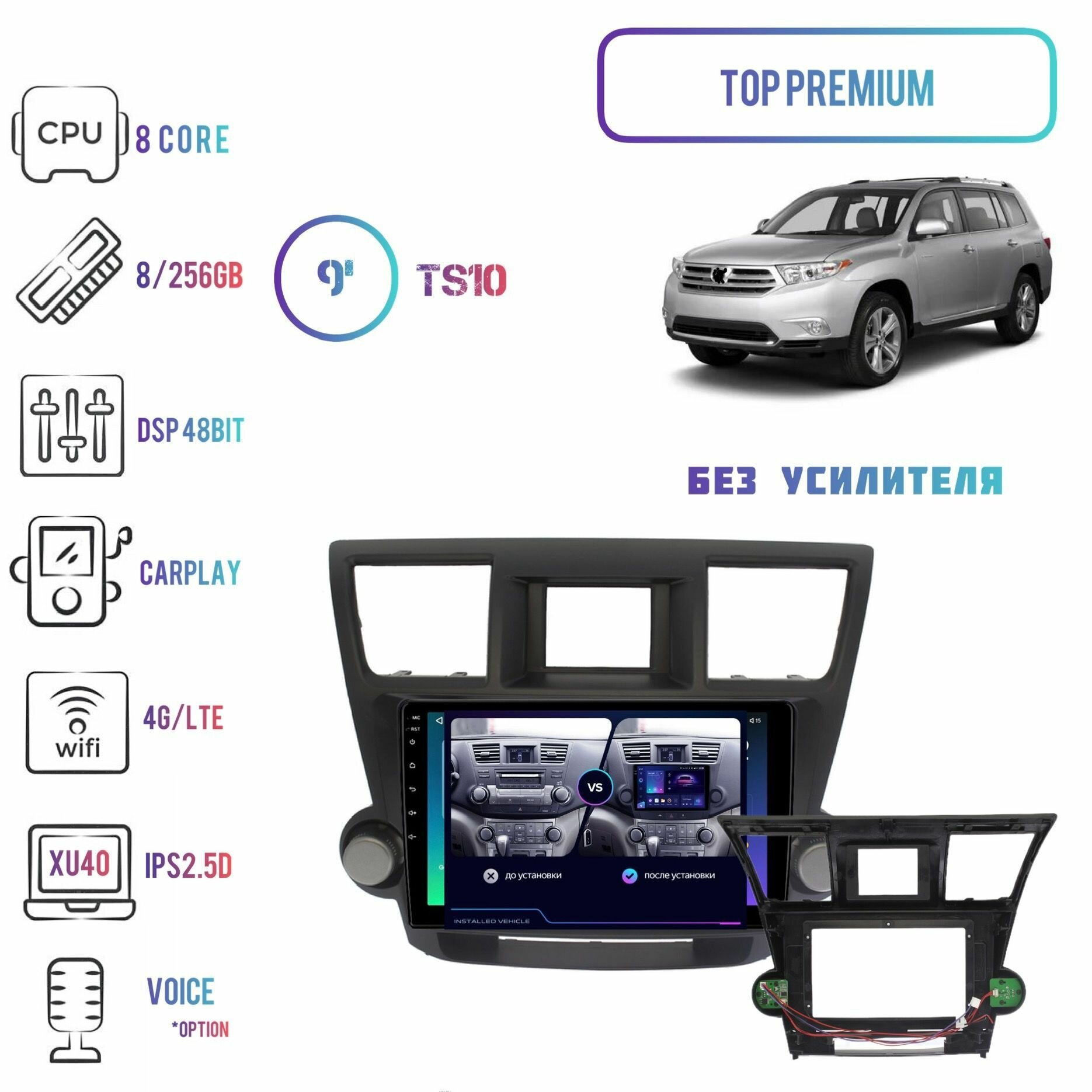 Магнитола для Toyota Highlander 2 XU40 2007 - 2013 MFA (без AMP) на Андроиде TS10 8+256Gb