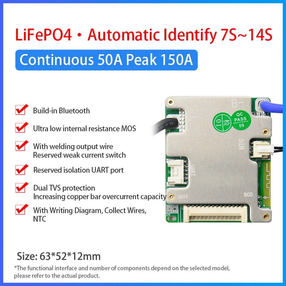 JiaBaiDa Smart BMS для литиевых аккумуляторов 7S-14S 3.2V LFP 50A