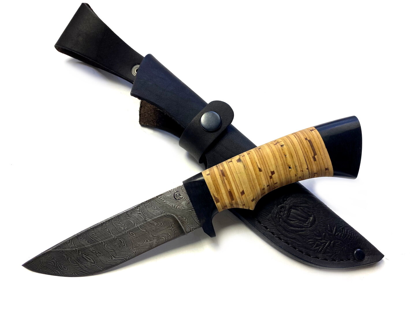 Нож Егерь, дамасская сталь, береста, граб