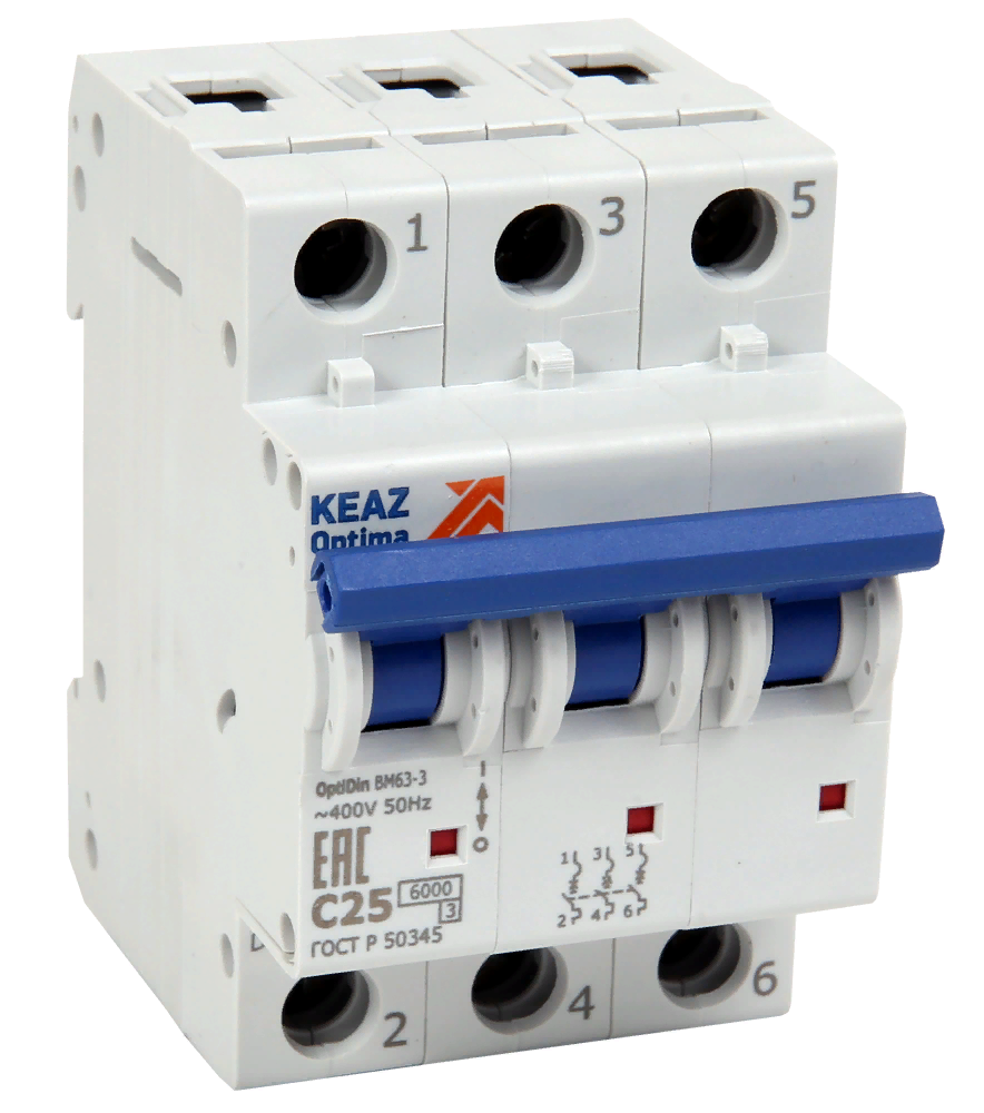 Автоматический выключатель КЭАЗ BM63-3C20-УХЛ3 OptiDin 3P 20А характеристика С 6кА с двумя заглушками, 260793 / электроавтомат