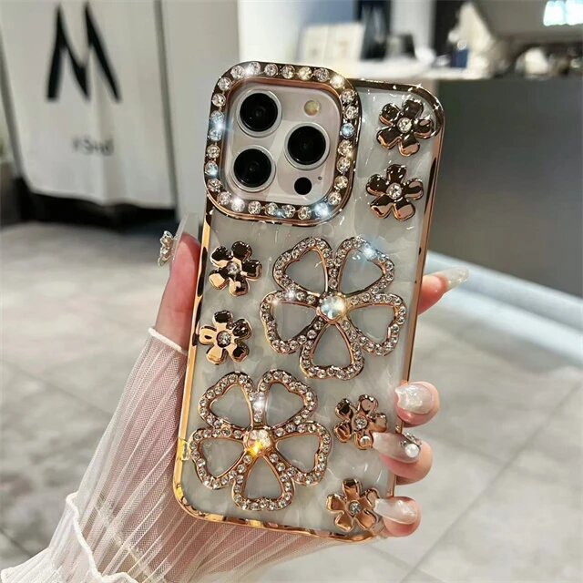 Чехол iPhone 12 Pro Max с цветами и стразами, Gold