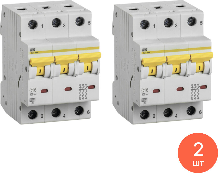 Автоматический выключатель IEK / ИЭК ВА47-60M 3Р 16А характеристика С 6кА, MVA31-3-016-C / электроавтомат (комплект из 2 шт)