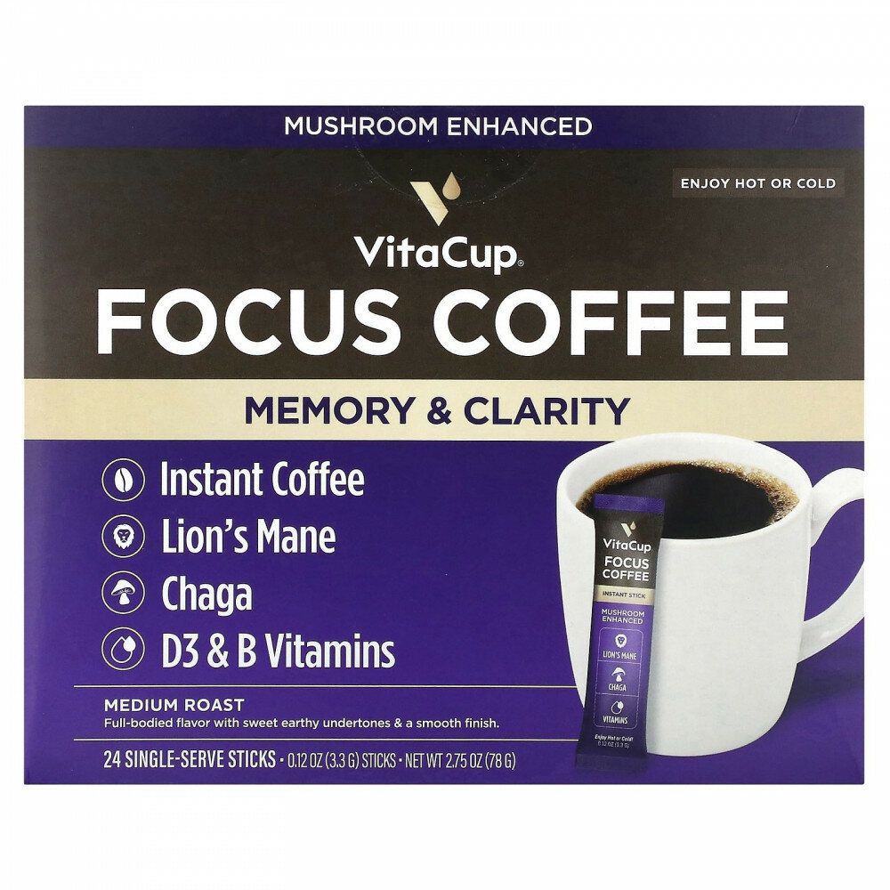 VitaCup, Focus растворимый кофе, средней обжарки, 24 палочки на одну порцию, по 3,3 г (0,12 унции)