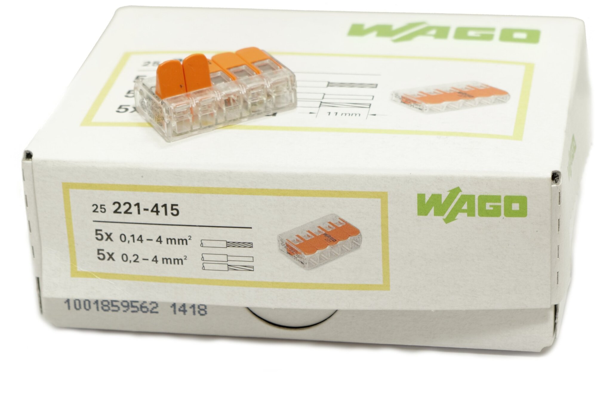 Клемма WAGO 221-415, длина 40мм, ширина 90мм, 5 контактов, 0.2-4мм2, оранжевый, 25шт