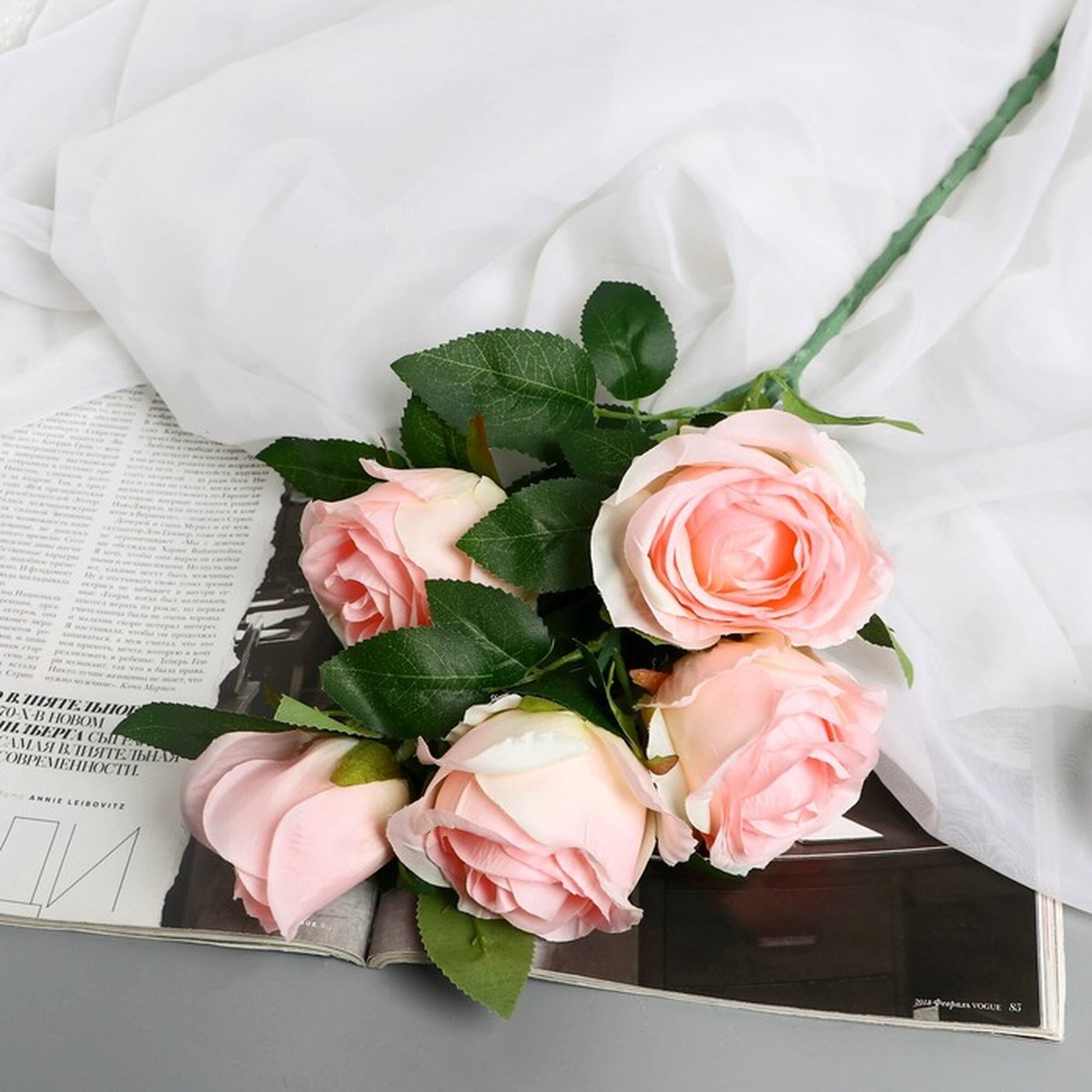 Искусственные цветы Poetry in flowers "Роза Триза", текстиль, пластик, розовые, 50см