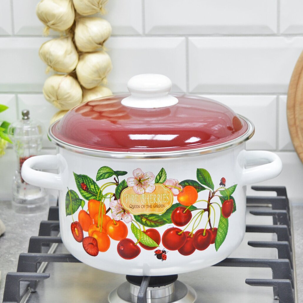 Кастрюля 4л "Черешня", эмалированная, с металлической крышкой, для всех плит