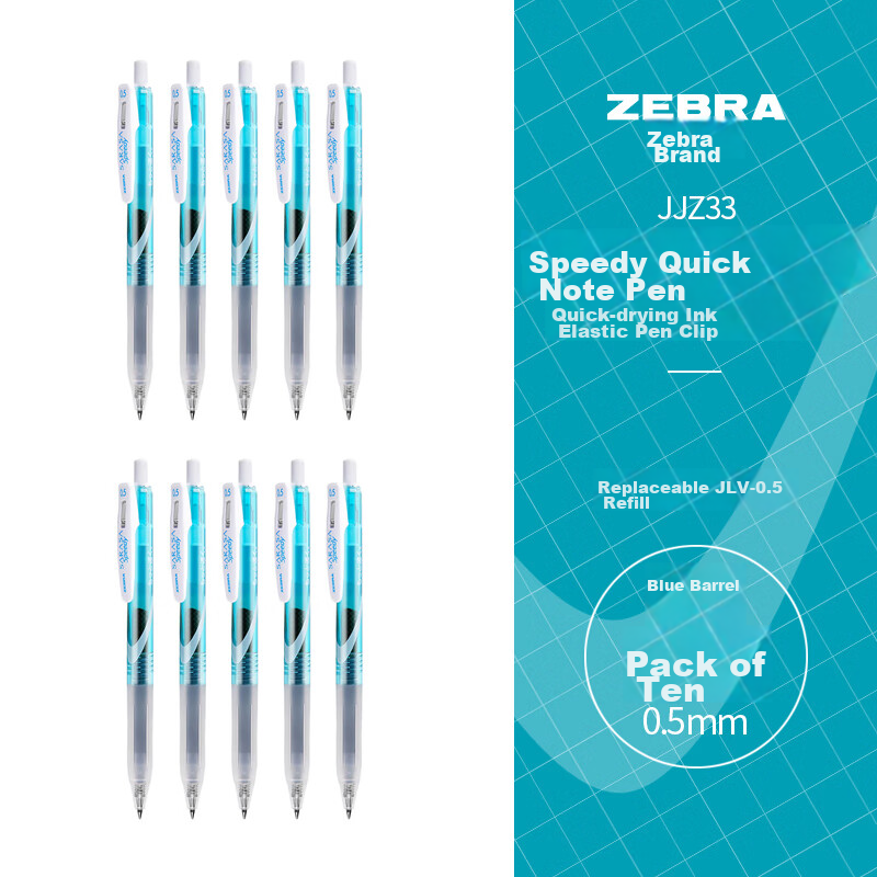 ZEBRA Brand Neutral Ink Pen Speedy Quick Writing Pen 0.5mm Bullet Tip Large Capacity Journal Pen JJZ33 Blue Barrel Black 10-Pack
