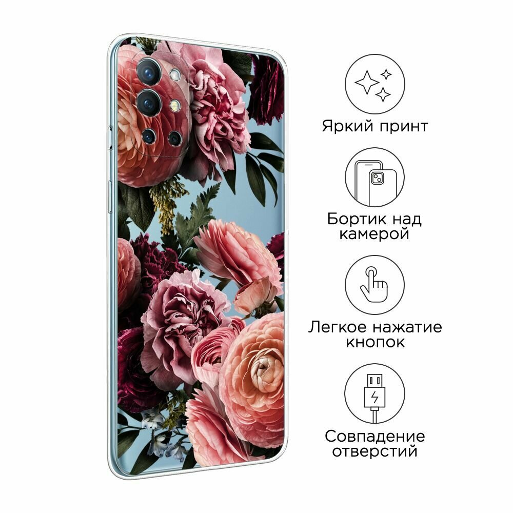 Чехол на OnePlus 9R / ВанПлас 9R с принтом "Бордовые винтажные цветы", прозрачный — фото 1