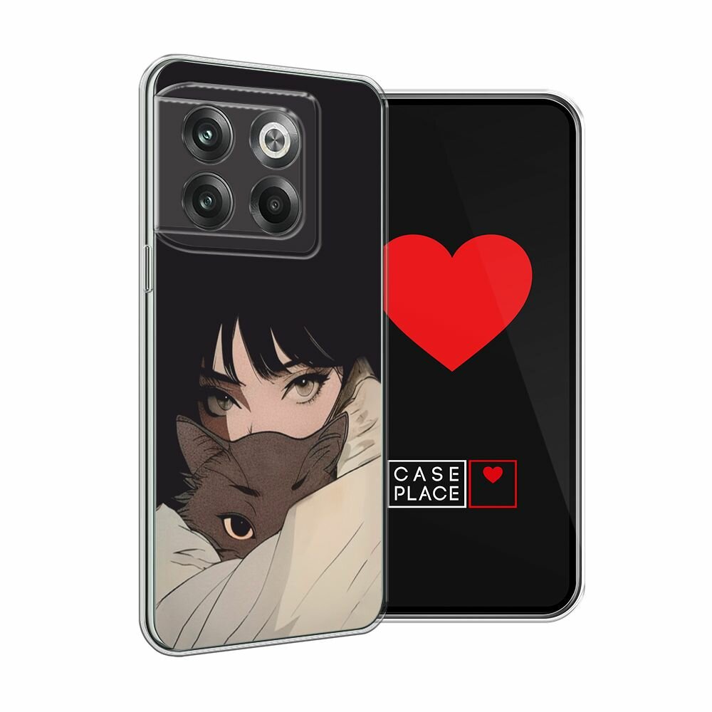 Чехол на OnePlus 10T / Ван плюс 10T с принтом "Аниме девушка с котиком" — фото 1