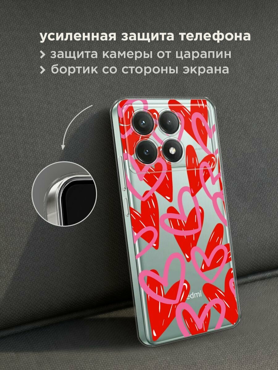 Чехол на Xiaomi Poco X6 PRO 5G / Поко X6 Про 5G с принтом "Hearts doodles - 14 февраля", прозрачный — фото 1