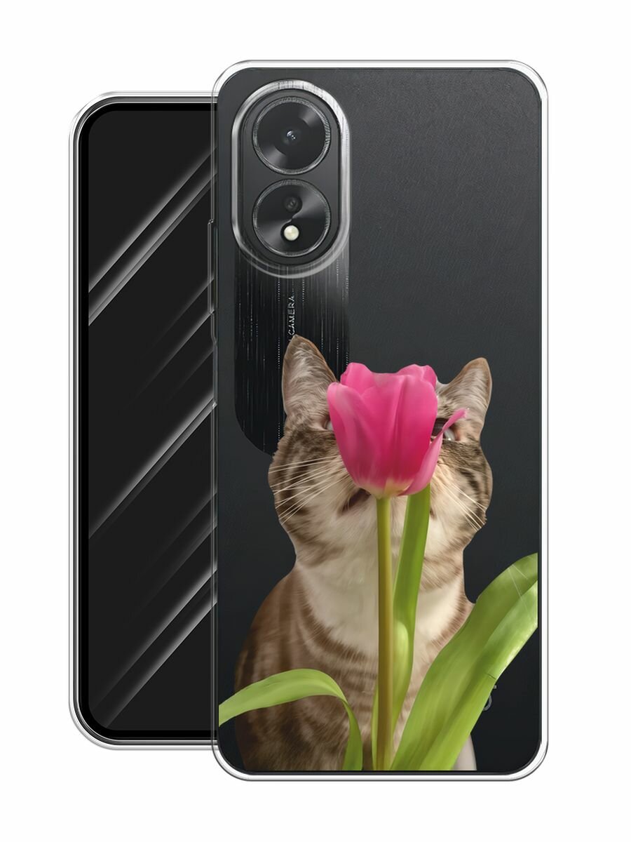 Чехол на Oppo A38/A18 / Оппо A38/A18 с принтом "Кот с тюльпаном - 8 марта", прозрачный — фото 1