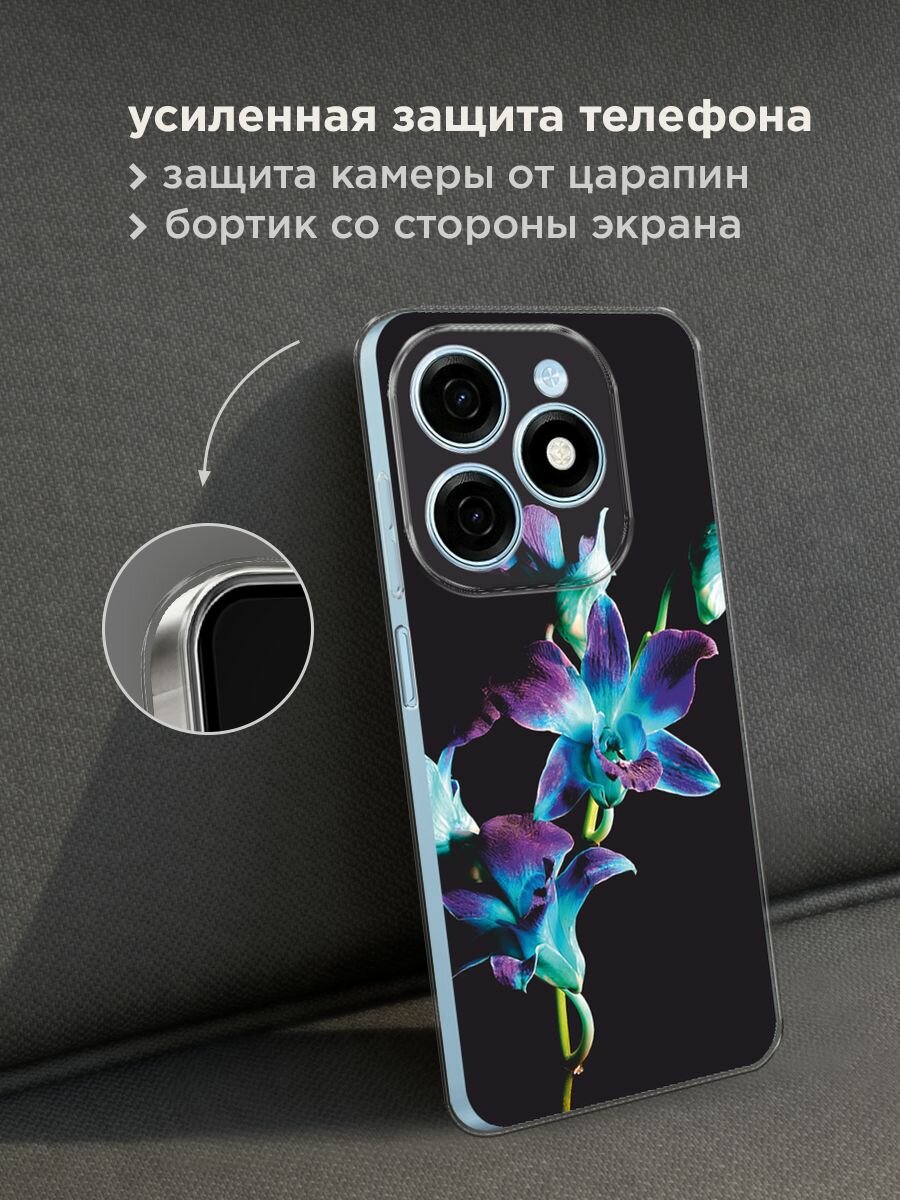 Чехол на Tecno Spark 20 / Текно Спарк 20 с принтом "Синий цветок на черном" — фото 1