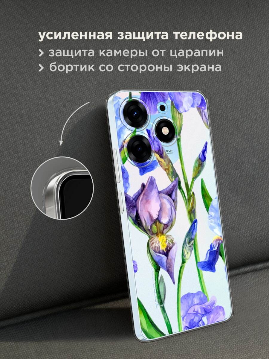 Чехол на Tecno Spark 10 Pro / Текно Спарк 10 Про с принтом "Синие ирисы", прозрачный — фото 1