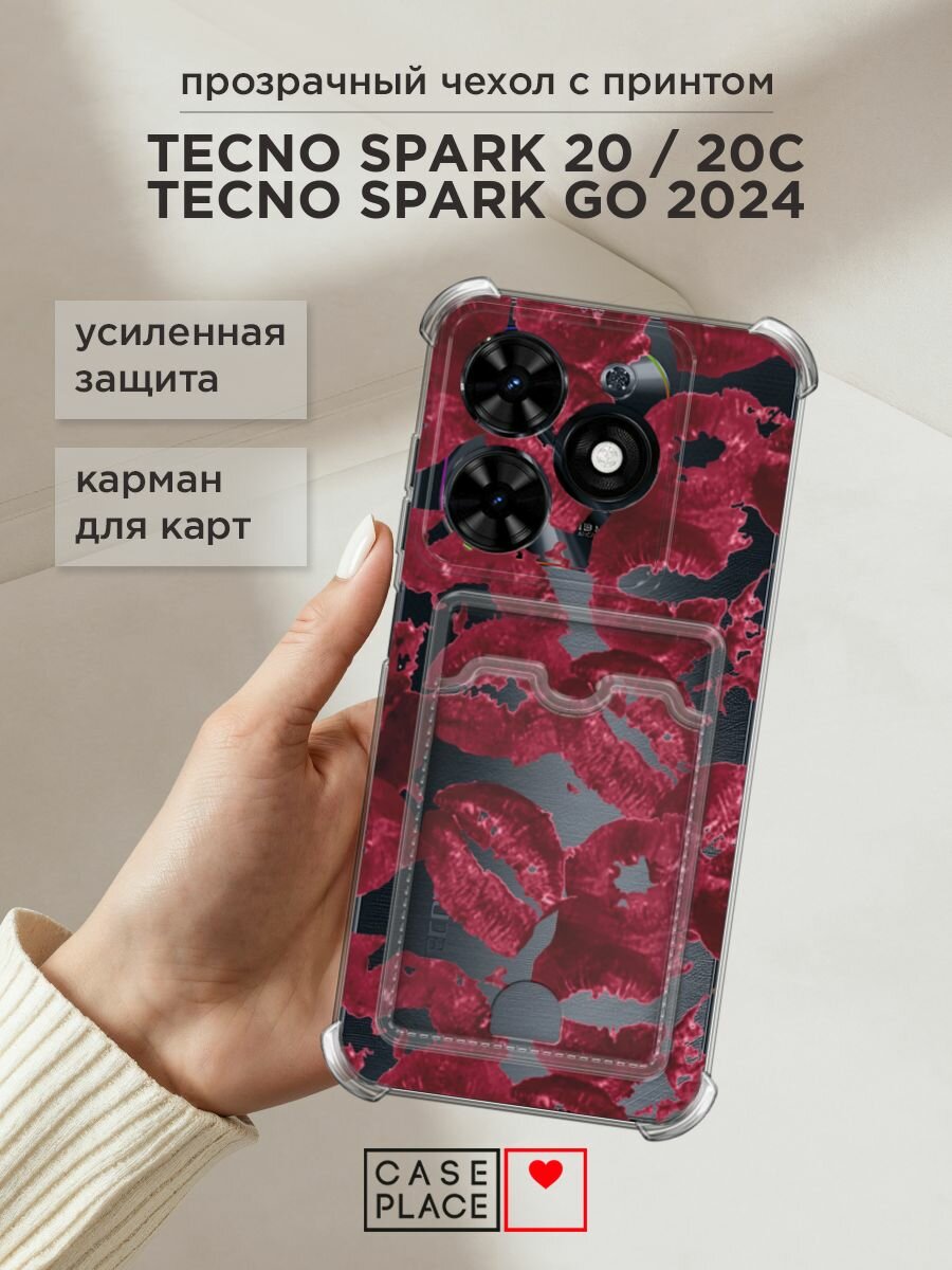Чехол на Tecno Spark Go 2024/Spark 20C (Текно Спарк Го 2024/Спарк 20C) с картой и принтом "Помада паттерн 2"