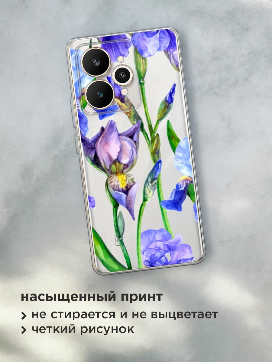 Чехол на Realme 15 / Реалми 15 с принтом "Синие ирисы", прозрачный — фото 1