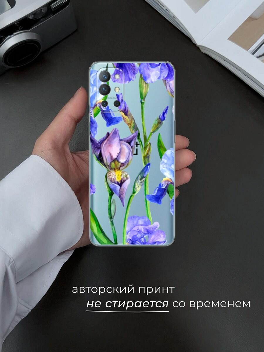 Чехол на OnePlus 9R / ВанПлас 9R с принтом "Синие ирисы", прозрачный — фото 1