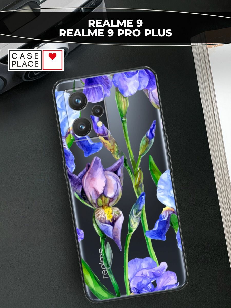 Чехол на Realme 9 4G/9 Pro Plus / Реалми 9 4G/9 Pro Plus с принтом "Синие ирисы", прозрачный