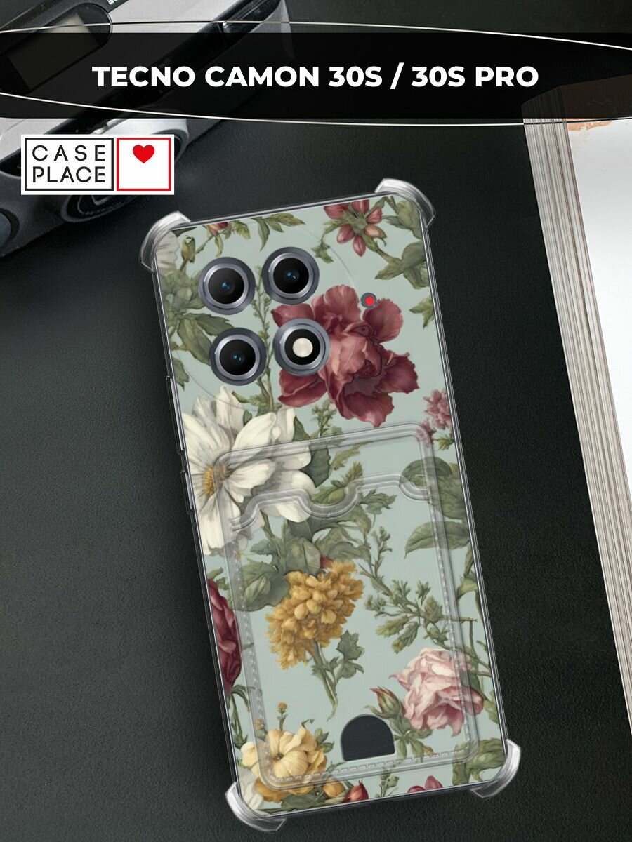 Чехол на Tecno Camon 30S/30S Pro (Текно Камон 30S/30S Про) с картой и принтом Акварельные красные цветы