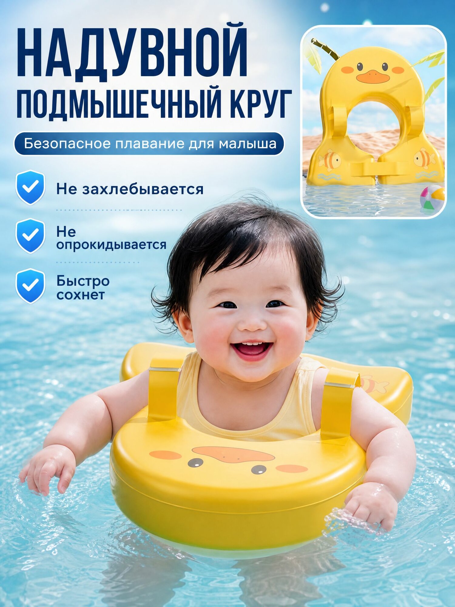Подмышечный круг для плавания, не требует надувания, защищает от захлёбывания