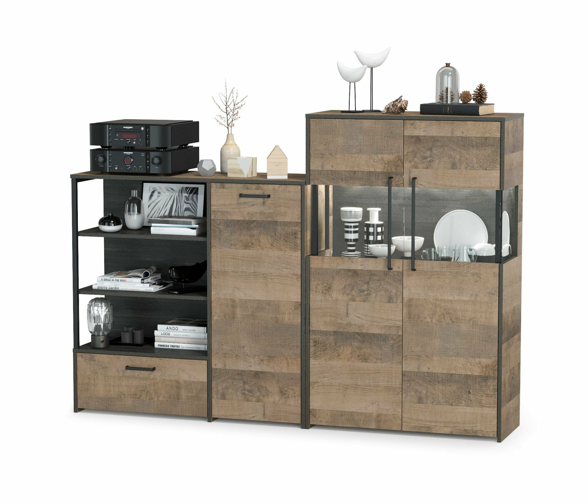 Комод с витриной с подсветкой и комод с ящиком и дверкой Трувор, цвет дуб гранж песочный/интра, ШхГхВ 194,8х37х135,3 см.