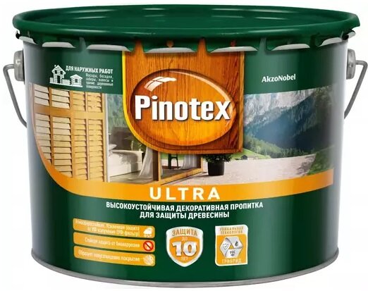 Декоративная Пропитка Pinotex Ultra 9л Бесцветный с Воском для Защиты Древесины до 10 лет / Пинотекс Ультра.
