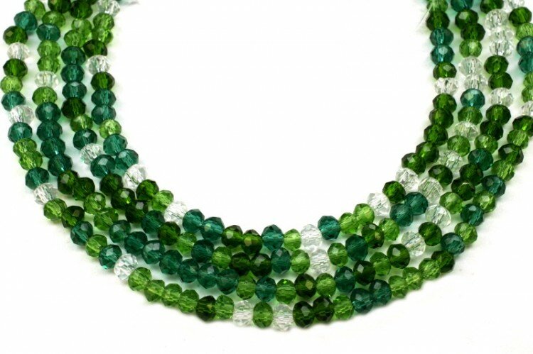 Бусина стеклянная Рондель 3х2,5мм, ассорти цветов, оттенок зеленый, 501-128, 1 нить (около 173шт)