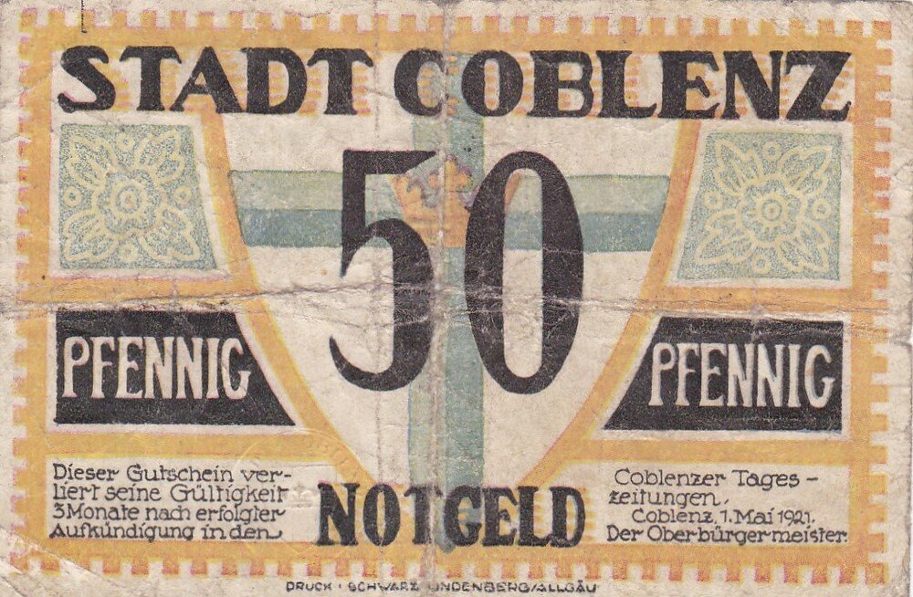 Германия (Веймарская Республика) Кобленц 50 пфеннигов 1921 г. (Вид 3)