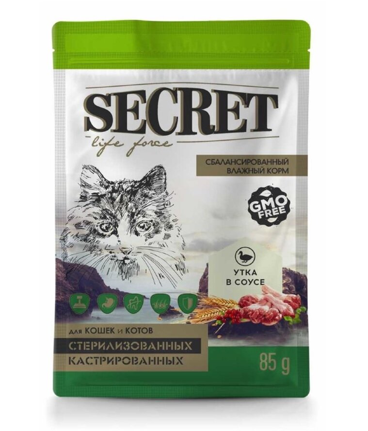 Секрет (Secret) Life Force 0,085кг утка в соусе пауч для стерилизованных кошек и кастрированных котов (22822) 24 шт.