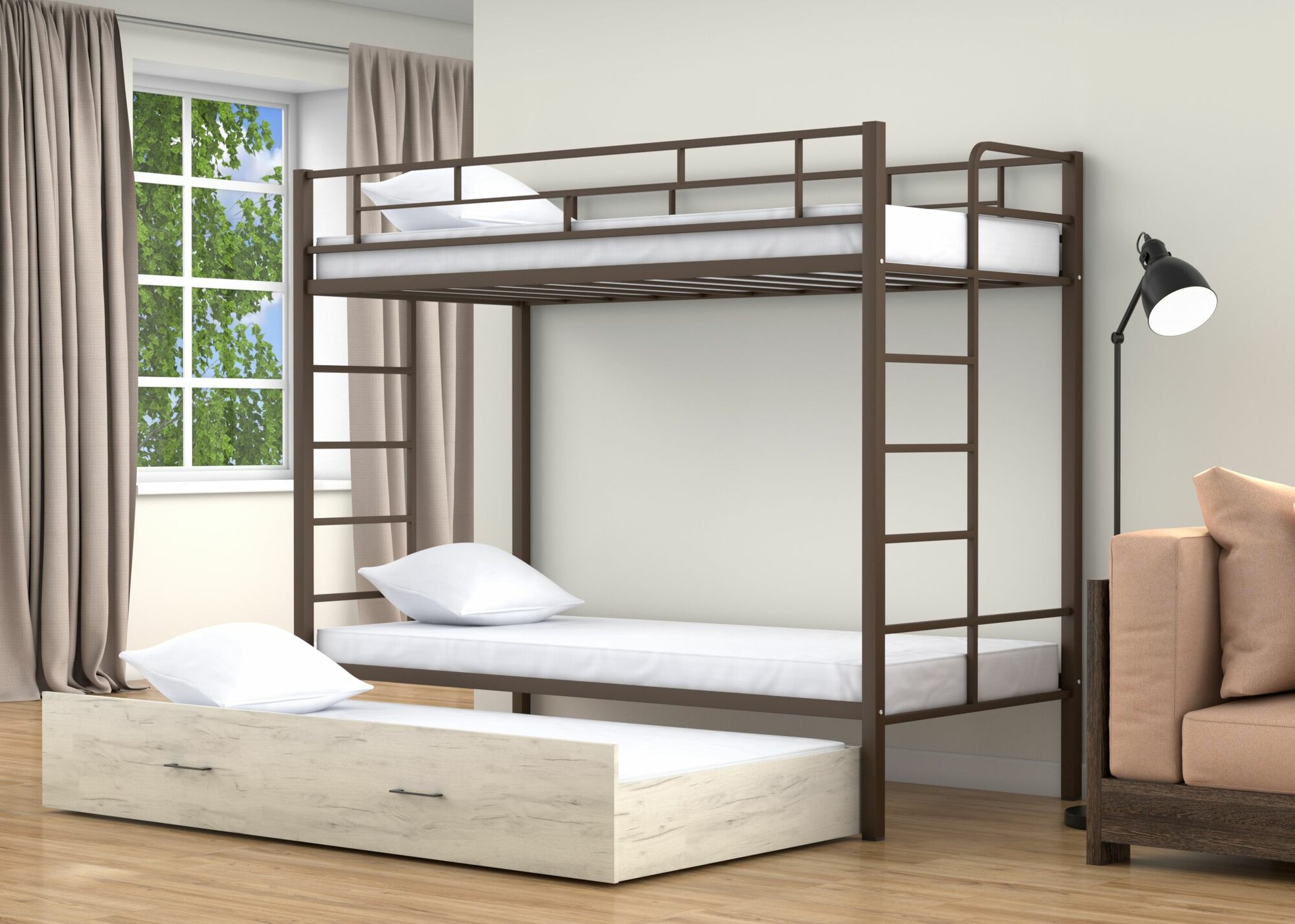 Двухъярусная кровать Валенсия Твист выкатная Коричневый/Дуб крафт белый