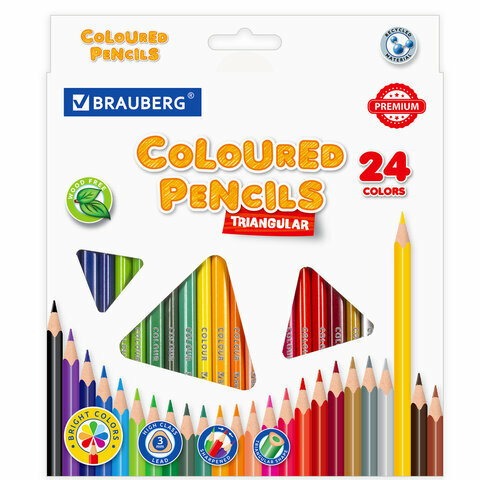 Карандаши цветные BRAUBERG PREMIUM, 24 цвета, трехгранные, 181663