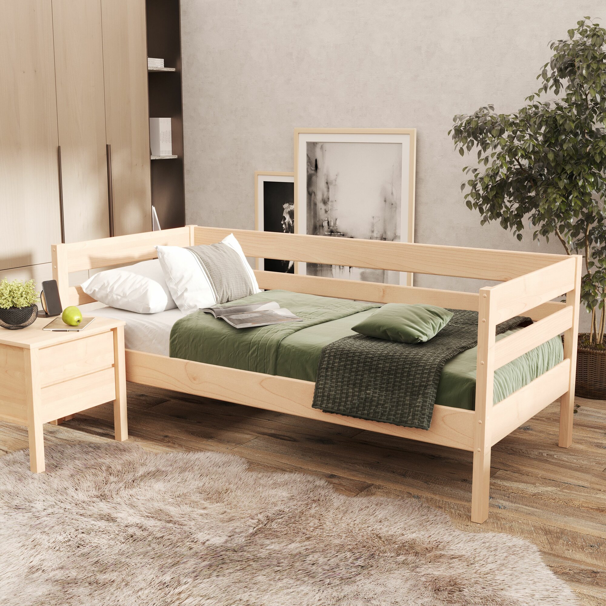 Кровать-тахта односпальная, 100х200 см, Hansales, деревянная, из массива березы, с тремя спинками