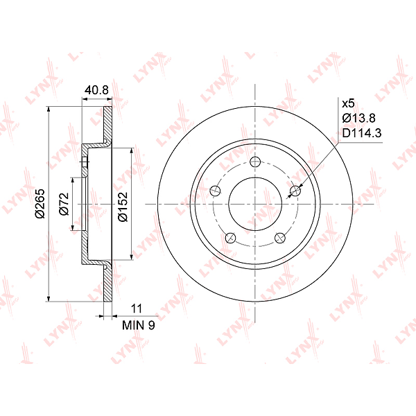LYNXAUTO bn-1065 (08A02910 / 08A02911 / 0986479178) диск тормозной задний (265x11) Mazda (Мазда) 3(bk / bl)