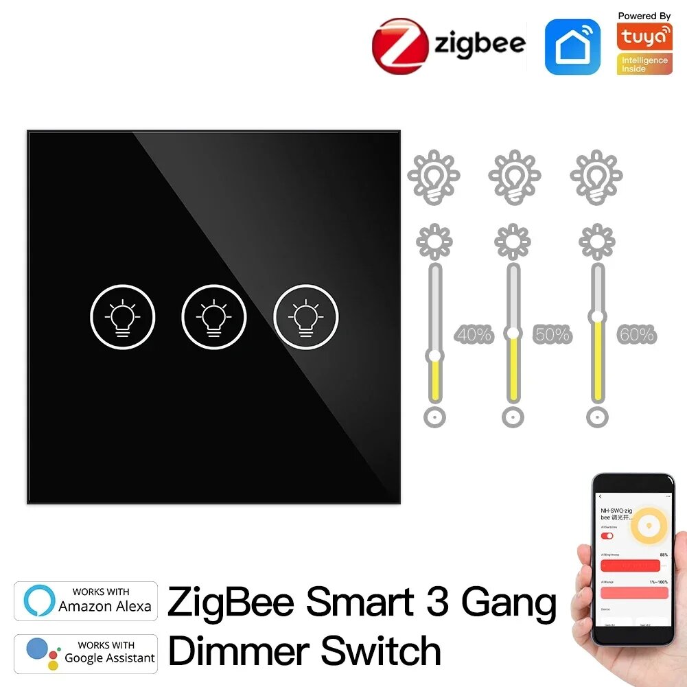 MOES умный диммер ZigBee 1/2/3 группа EU 3 Gang Black