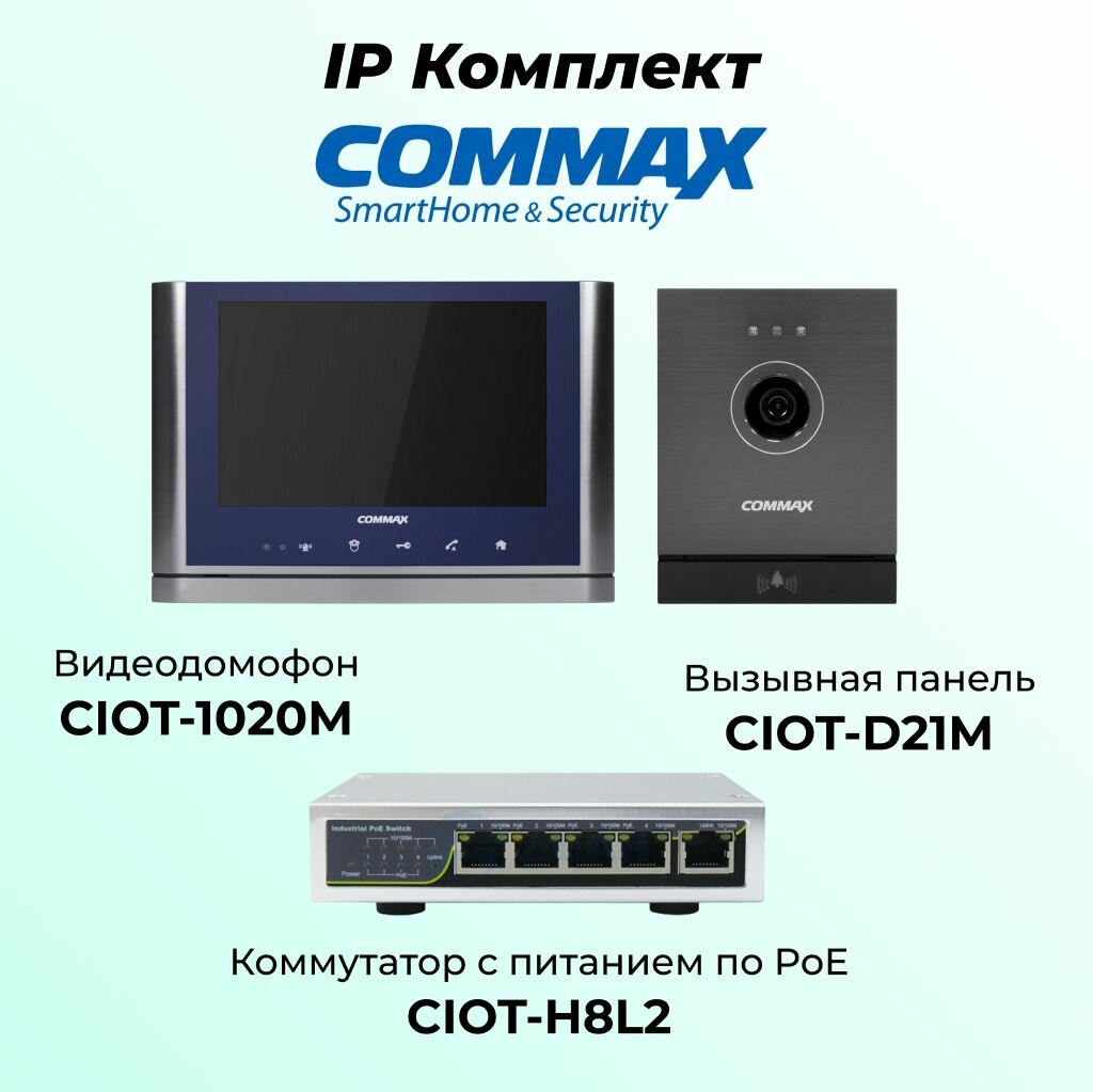 IP Комплект видеодомофона, вызывной панели и коммутатора COMMAX CIOT-1020MSilver+Blue/D21M/H8L2