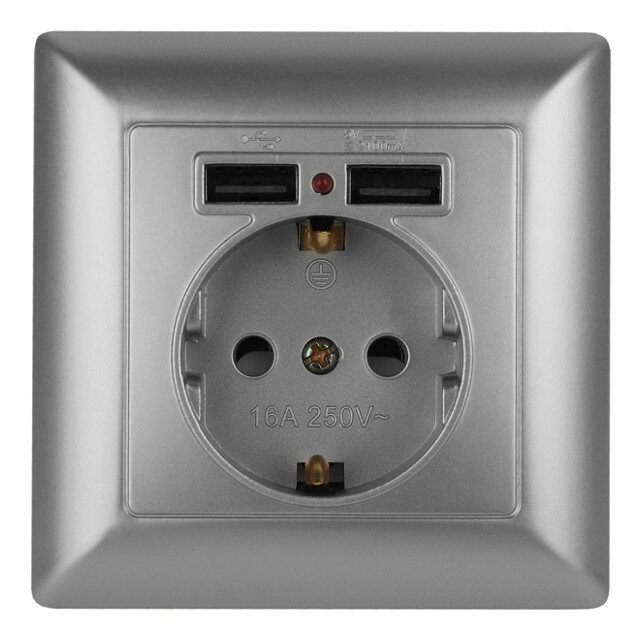 INTRO Solo розетка 1 пост с заземлением и шторками алюминий 16А 2 USB-порта