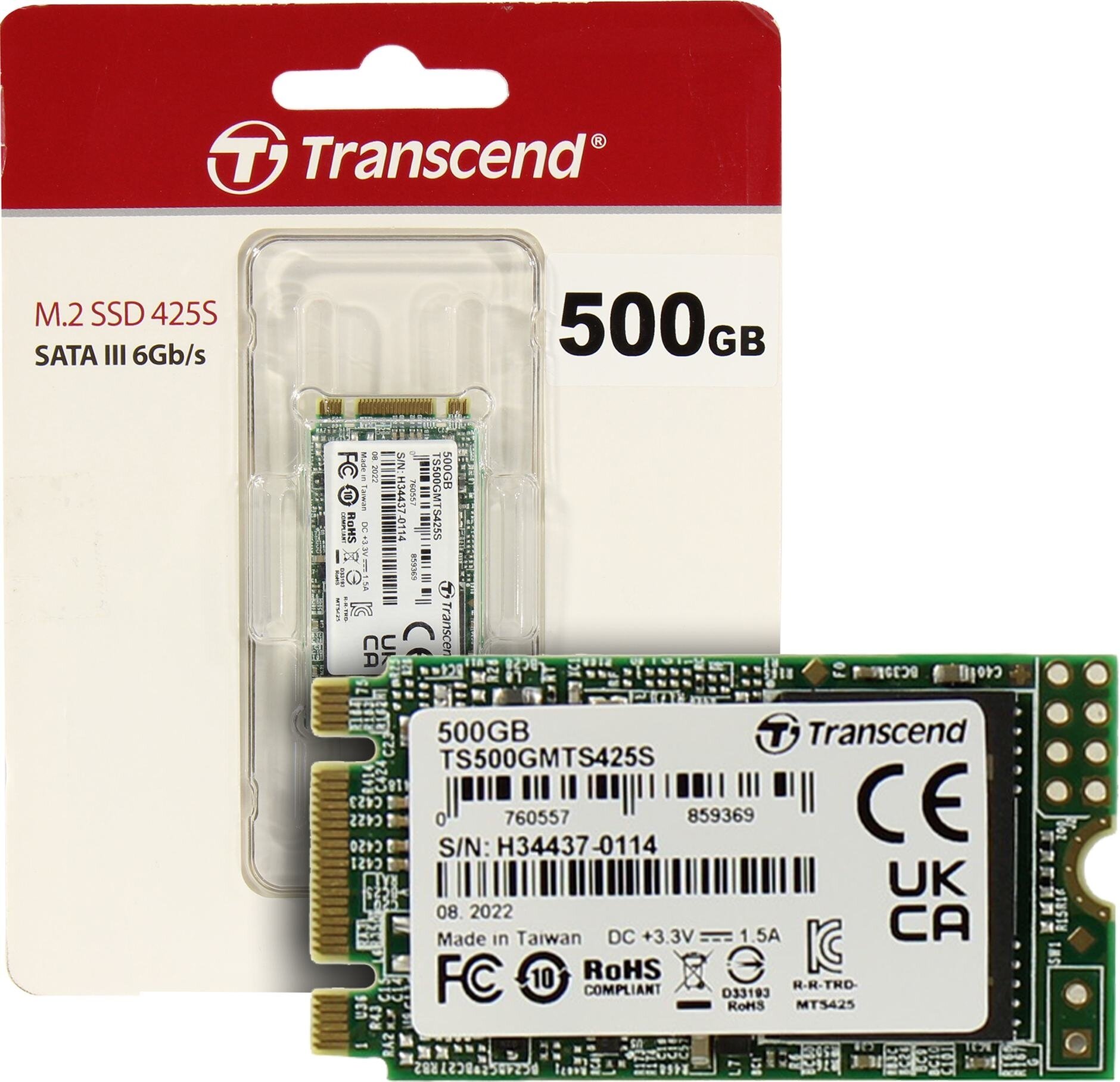 Накопитель SSD M.2 Transcend 500Gb MTS425 (SATA3, up to 530/480MBs, 3D NAND, 180TBW, 22x42mm)