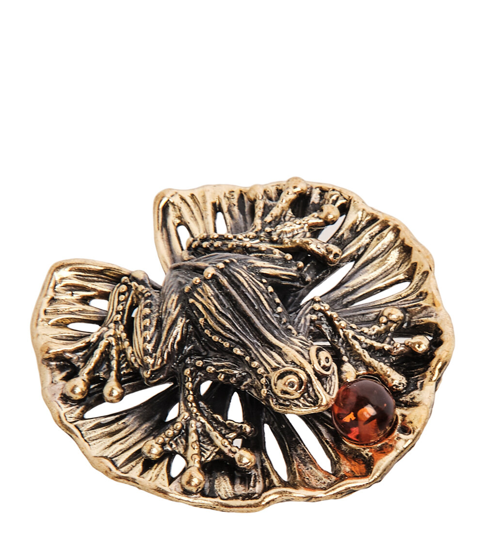 Фигурка 'Лягушка на кувшинке с шарико' (латунь, янтарь)